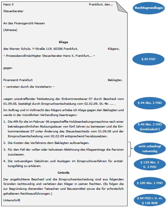 Inhalt der Klage (§ 65 FGO) | Tax Academy